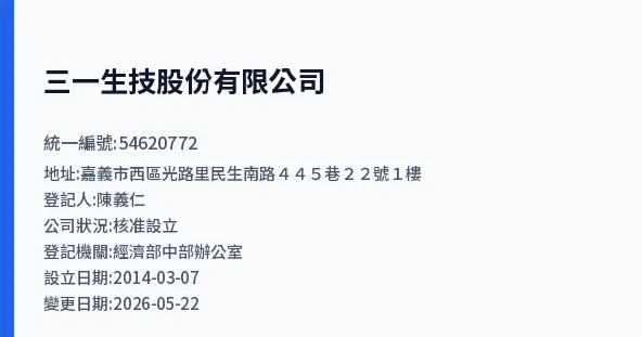 三一生技股份有限公司的照片-統編 54620772(嘉義市) 公司登記資料與營業項目詳細圖表