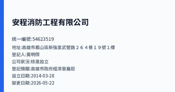 安程消防工程有限公司的照片-統編 54623519(高雄市) 公司登記資料與營業項目詳細圖表