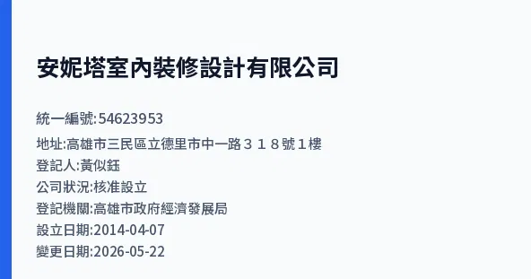 安妮塔室內裝修設計有限公司的照片-統編 54623953(高雄市) 公司登記資料與營業項目詳細圖表