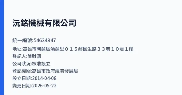 沅銘機械有限公司的照片-統編 54624947(高雄市) 公司登記資料與營業項目詳細圖表