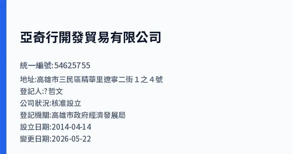 亞奇行開發貿易有限公司的照片-統編 54625755(高雄市) 公司登記資料與營業項目詳細圖表