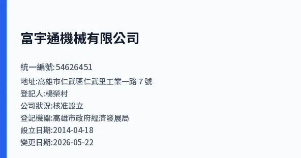 富宇通機械有限公司的照片-統編 54626451(高雄市) 公司登記資料與營業項目詳細圖表