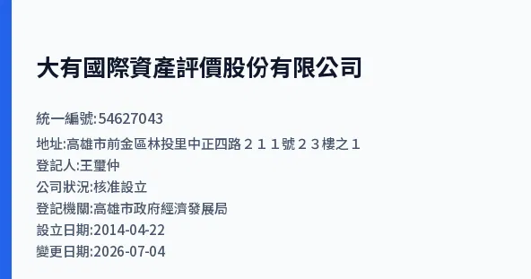 大有國際資產評價股份有限公司的照片-統編 54627043(高雄市) 公司登記資料與營業項目詳細圖表