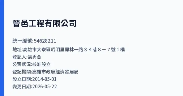 晉邑工程有限公司的照片-統編 54628211(高雄市) 公司登記資料與營業項目詳細圖表