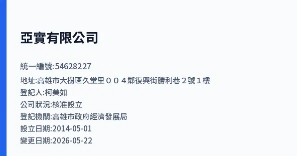 亞實有限公司的照片-統編 54628227(高雄市) 公司登記資料與營業項目詳細圖表