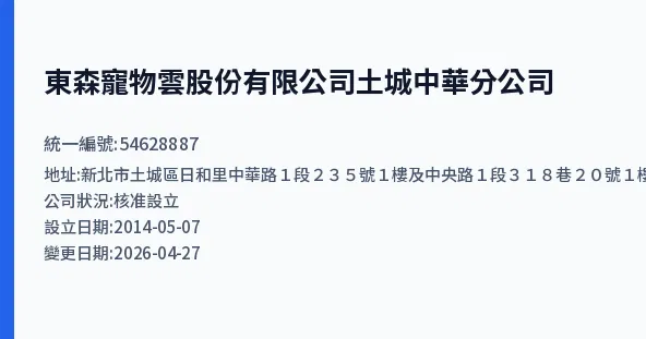 東森寵物雲股份有限公司土城中華分公司的照片-統編 54628887(新北市) 公司登記資料與營業項目詳細圖表