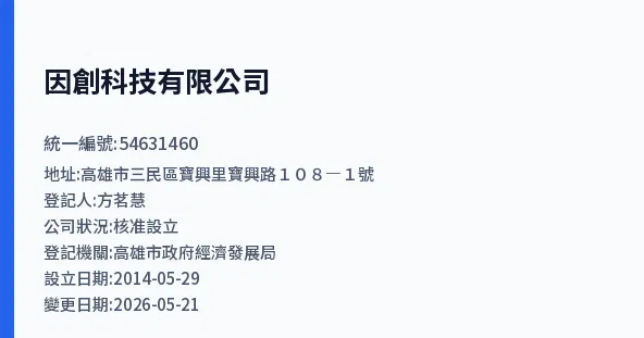 因創科技有限公司的照片-統編 54631460(高雄市) 公司登記資料與營業項目詳細圖表