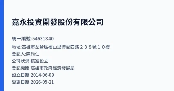 嘉永投資開發股份有限公司的照片-統編 54631840(高雄市) 公司登記資料與營業項目詳細圖表