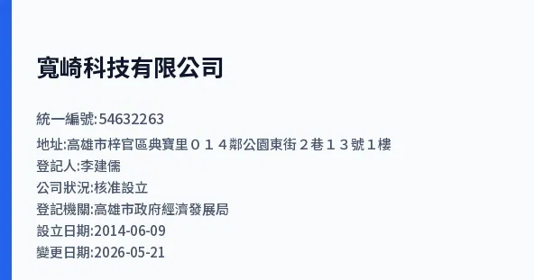 寬崎科技有限公司的照片-統編 54632263(高雄市) 公司登記資料與營業項目詳細圖表