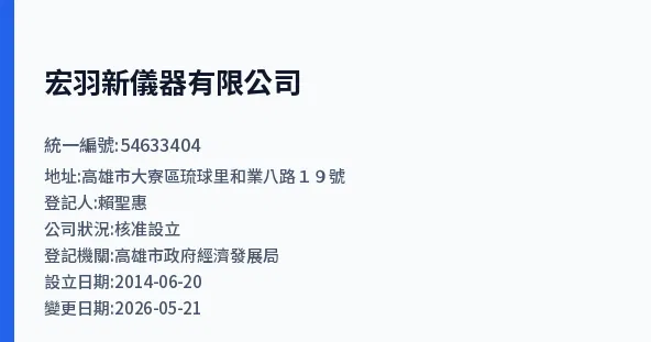 宏羽新儀器有限公司的照片-統編 54633404(高雄市) 公司登記資料與營業項目詳細圖表
