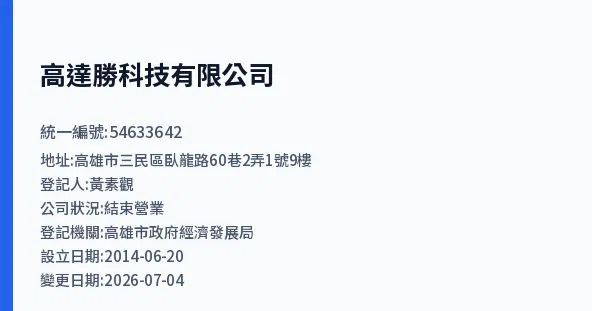 高達勝科技有限公司的照片-統編 54633642(高雄市) 公司登記資料與營業項目詳細圖表