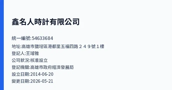 鑫名人時計有限公司的照片-統編 54633684(高雄市) 公司登記資料與營業項目詳細圖表