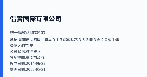 倡實國際有限公司的照片-統編 54633903(臺南市) 公司登記資料與營業項目詳細圖表