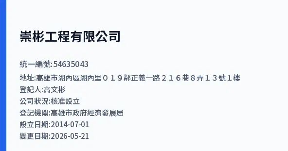 崇彬工程有限公司的照片-統編 54635043(高雄市) 公司登記資料與營業項目詳細圖表