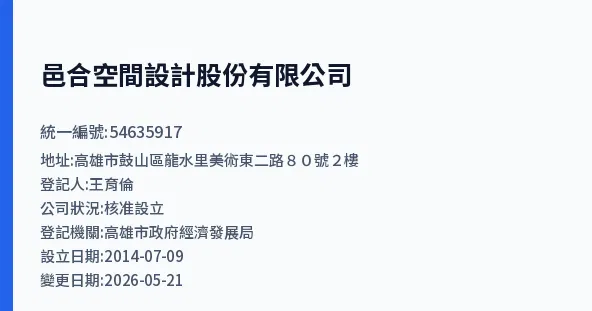 邑合空間設計股份有限公司的照片-統編 54635917(高雄市) 公司登記資料與營業項目詳細圖表