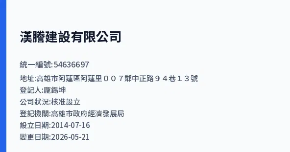 漢謄建設有限公司的照片-統編 54636697(高雄市) 公司登記資料與營業項目詳細圖表