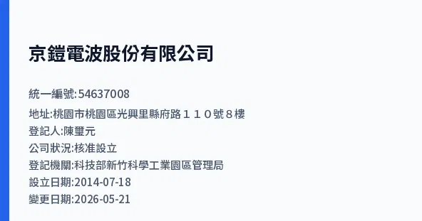 京鎧電波股份有限公司的照片-統編 54637008(桃園市) 公司登記資料與營業項目詳細圖表