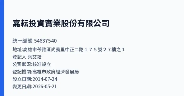 嘉耘投資實業股份有限公司的照片-統編 54637540(高雄市) 公司登記資料與營業項目詳細圖表