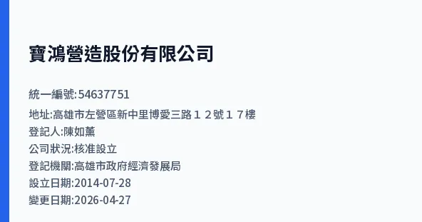 寶鴻營造股份有限公司的照片-統編 54637751(高雄市) 公司登記資料與營業項目詳細圖表