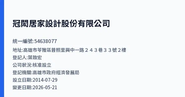 冠閎居家設計股份有限公司的照片-統編 54638077(高雄市) 公司登記資料與營業項目詳細圖表