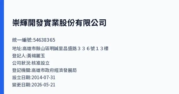 崇輝開發實業股份有限公司的照片-統編 54638365(高雄市) 公司登記資料與營業項目詳細圖表