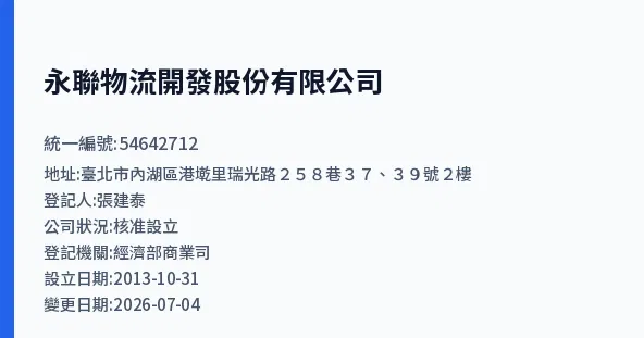 永聯物流開發股份有限公司的照片-統編 54642712(臺北市) 公司登記資料與營業項目詳細圖表