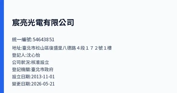 宸亮光電有限公司的照片-統編 54643851(臺北市) 公司登記資料與營業項目詳細圖表