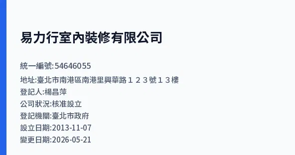 易力行室內裝修有限公司的照片-統編 54646055(臺北市) 公司登記資料與營業項目詳細圖表