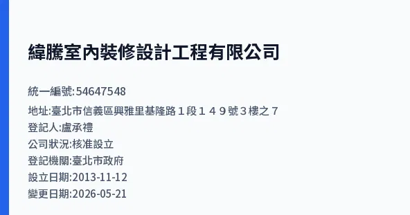 緯騰室內裝修設計工程有限公司的照片-統編 54647548(臺北市) 公司登記資料與營業項目詳細圖表