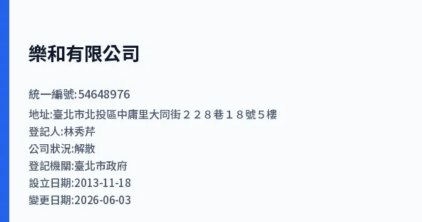 樂和有限公司的照片-統編 54648976(臺北市) 公司登記資料與營業項目詳細圖表