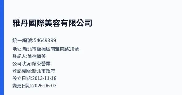 雅丹國際美容有限公司的照片-統編 54649399(新北市) 公司登記資料與營業項目詳細圖表