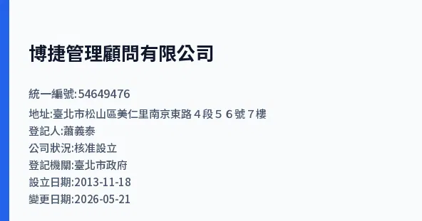 博捷管理顧問有限公司的照片-統編 54649476(臺北市) 公司登記資料與營業項目詳細圖表