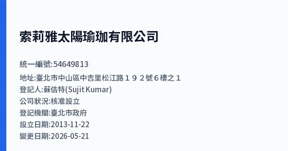 索莉雅太陽瑜珈有限公司的照片-統編 54649813(臺北市) 公司登記資料與營業項目詳細圖表
