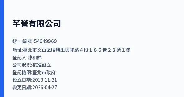 芊營有限公司的照片-統編 54649969(臺北市) 公司登記資料與營業項目詳細圖表