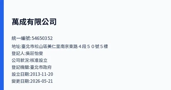 萬成有限公司的照片-統編 54650352(臺北市) 公司登記資料與營業項目詳細圖表