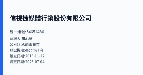 偉視捷媒體行銷股份有限公司的照片-統編 54651486 公司登記資料與營業項目詳細圖表