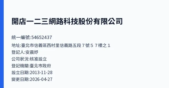 開店一二三網路科技股份有限公司的照片-統編 54652437(臺北市) 公司登記資料與營業項目詳細圖表