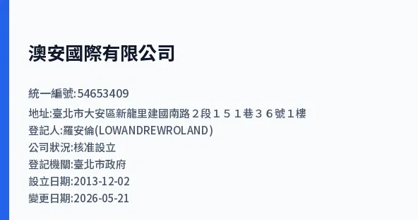 澳安國際有限公司的照片-統編 54653409(臺北市) 公司登記資料與營業項目詳細圖表