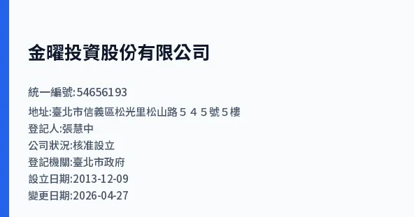 金曜投資股份有限公司的照片-統編 54656193(臺北市) 公司登記資料與營業項目詳細圖表