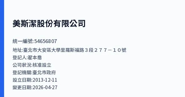 美斯潔股份有限公司的照片-統編 54656807(臺北市) 公司登記資料與營業項目詳細圖表