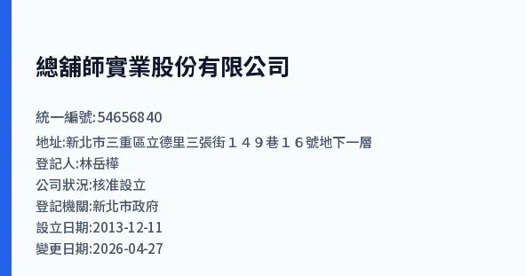 總舖師實業股份有限公司的照片-統編 54656840(新北市) 公司登記資料與營業項目詳細圖表