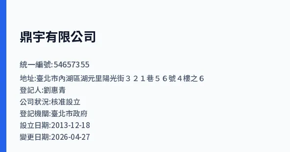 鼎宇有限公司的照片-統編 54657355(臺北市) 公司登記資料與營業項目詳細圖表
