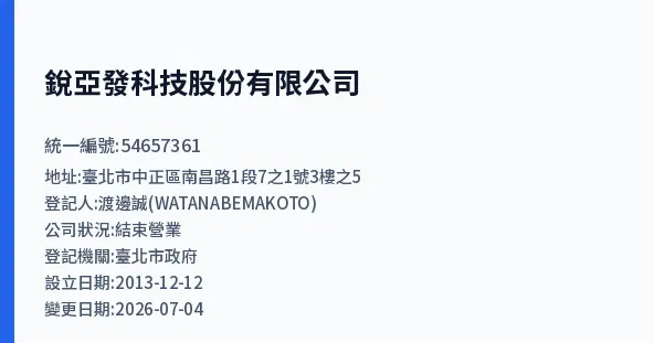 銳亞發科技股份有限公司的照片-統編 54657361(臺北市) 公司登記資料與營業項目詳細圖表