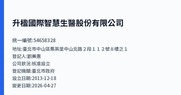 升楹國際智慧生醫股份有限公司的照片-統編 54658328(臺北市) 公司登記資料與營業項目詳細圖表