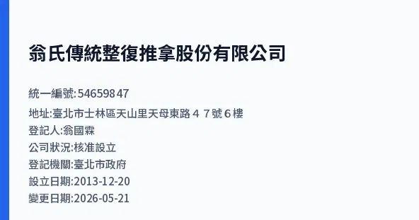 翁氏傳統整復推拿股份有限公司的照片-統編 54659847(臺北市) 公司登記資料與營業項目詳細圖表