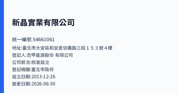 新晶實業有限公司的照片-統編 54661061(臺北市) 公司登記資料與營業項目詳細圖表