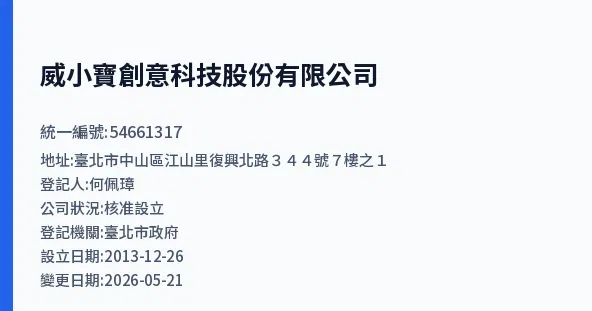 威小寶創意科技股份有限公司的照片-統編 54661317(臺北市) 公司登記資料與營業項目詳細圖表