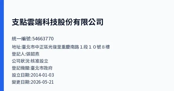 支點雲端科技股份有限公司的照片-統編 54663770(臺北市) 公司登記資料與營業項目詳細圖表