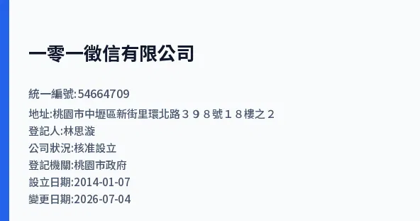 一零一徵信有限公司的照片-統編 54664709(桃園市) 公司登記資料與營業項目詳細圖表