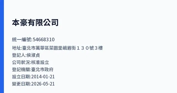 本豪有限公司的照片-統編 54668310(臺北市) 公司登記資料與營業項目詳細圖表